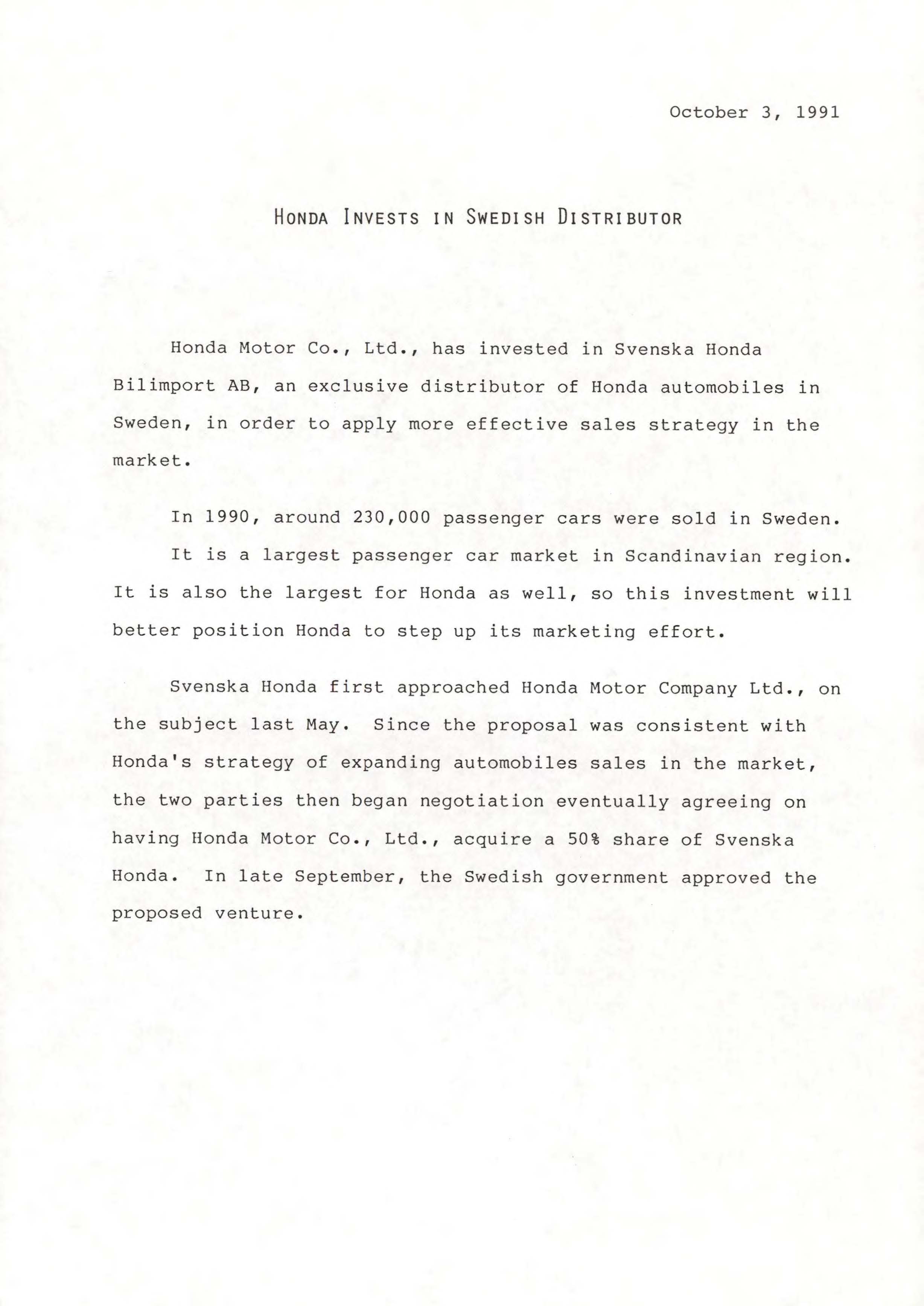 HONDA lNVESTS IN SWEDISH DISTRIBUTOR | Honda Global Corporate Website