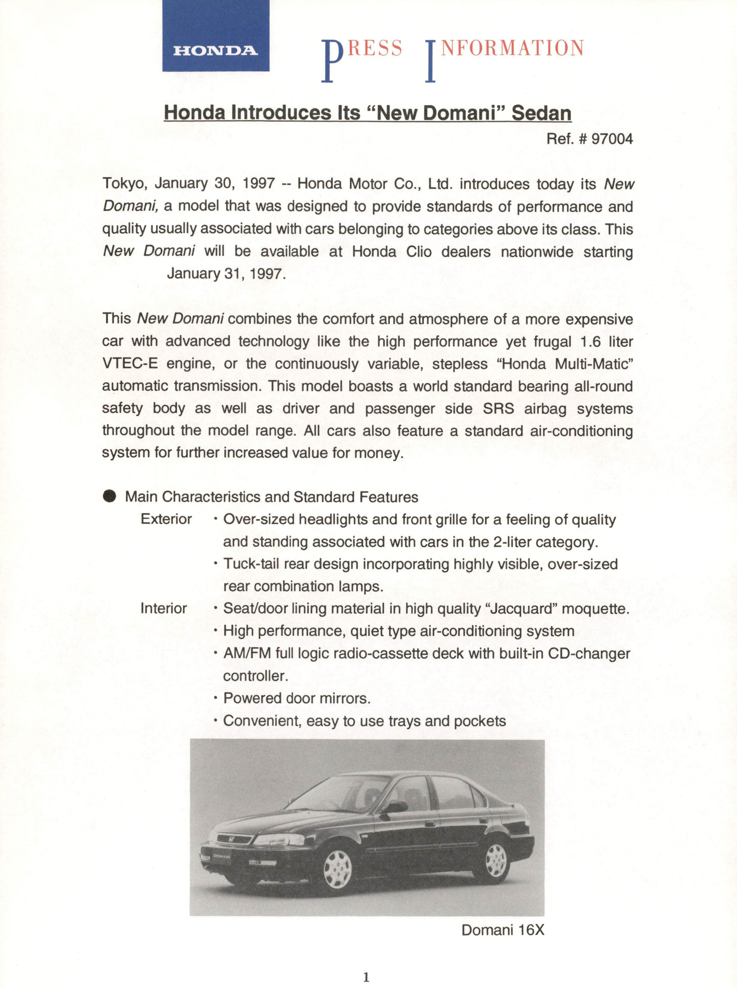 Honda Introduces Its “New Domani” Sedan | Honda Global Corporate Website